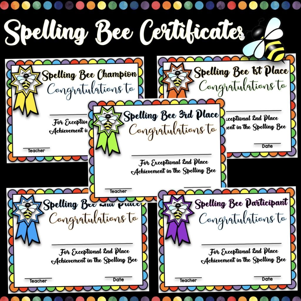 5 Spelling Bee Certificates Pack - For ALL participants- Fillable ...