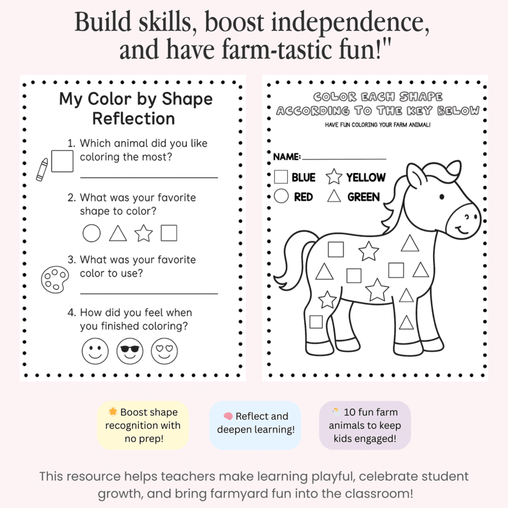 10 Color by Shape Farm Animals Worksheets